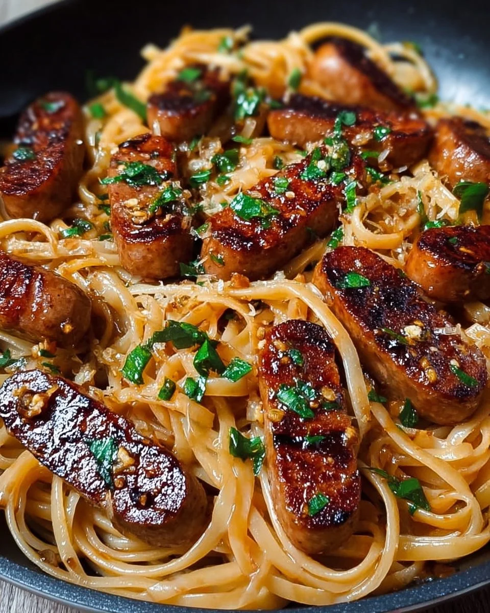 Sticky Honey Garlic Sausage Pasta Skillet
